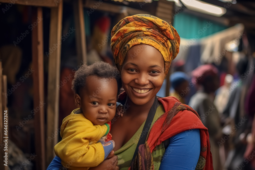 Color close up portrait of happy smiling African woman mother holding ...