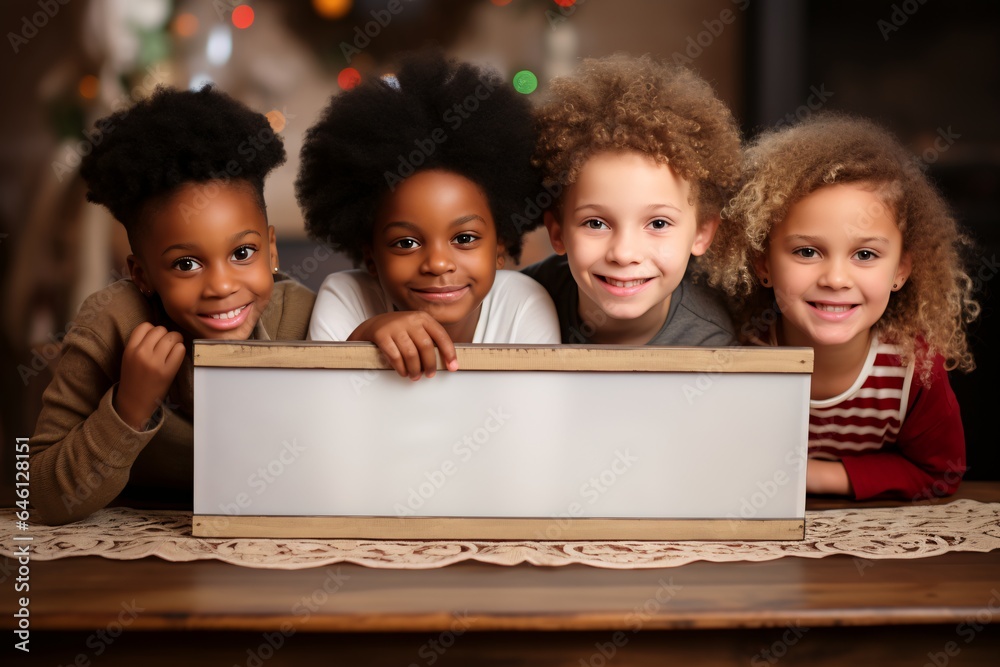 Preparing for Celebration: Multicultural Kids with Blank Sign Stock ...