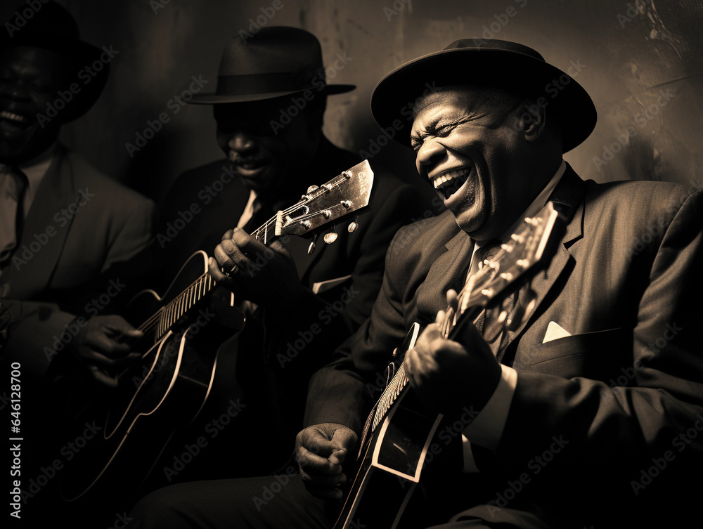 Black and white photograph, old jazz musicians in a smoky club, grainy ...