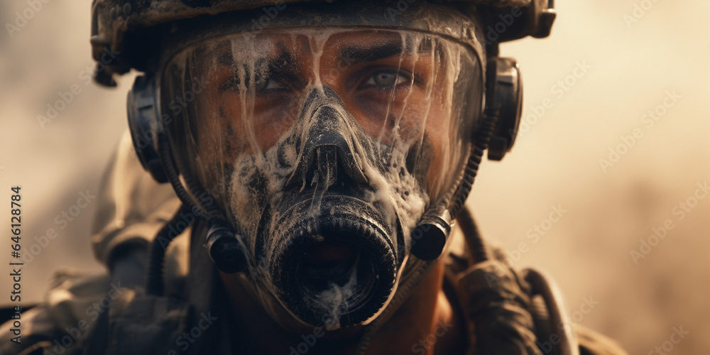 a close - up portrait of soldier with face covered in dust and sweat ...