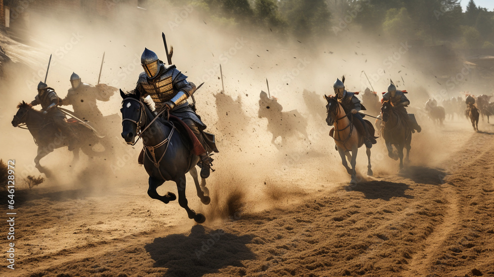 medieval battle, knights in full armor charging on horses, dust kicking ...