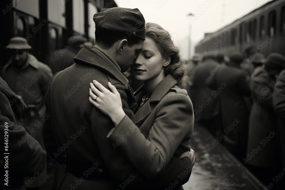 Wartime photograph, soldiers saying goodbye at a train station ...