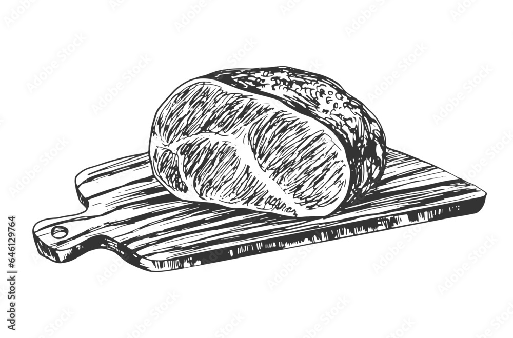 Tenderloin Steak.Sketch of roast beef on cutting board isolated on ...