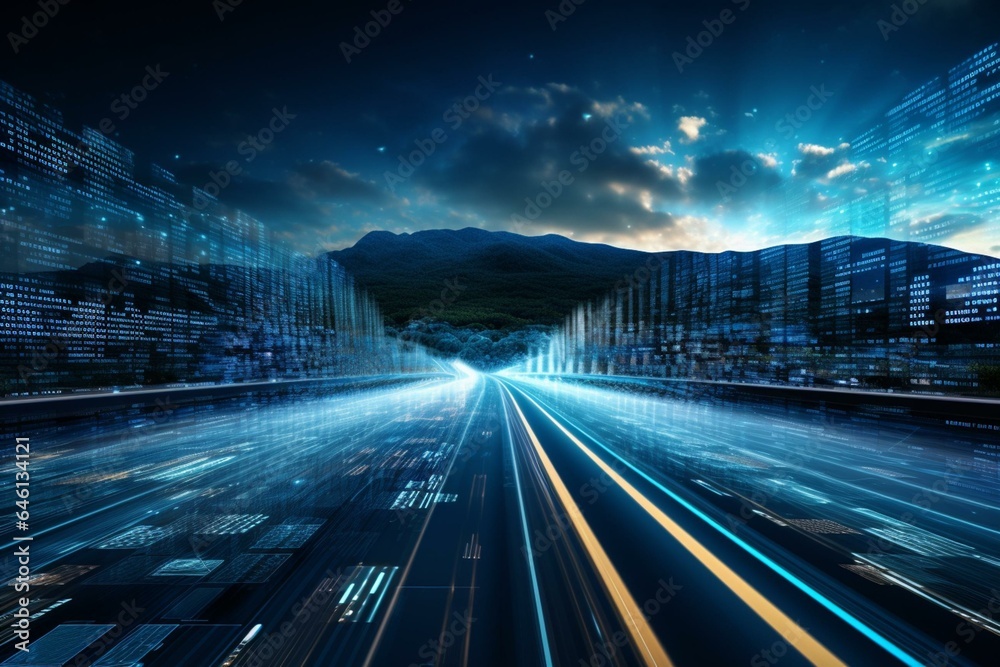 Digital data flow on road symbolizing cyber communication and coding ...