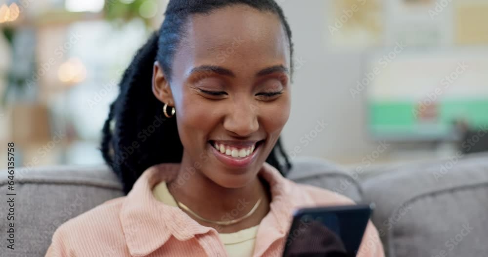 Black woman, living room and phone text on social media with funny meme ...