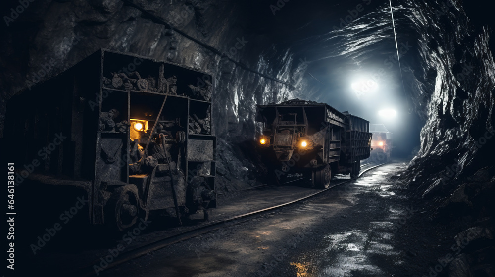 Inside a low and narrow modern coal mine gallery Stock Photo | Adobe Stock