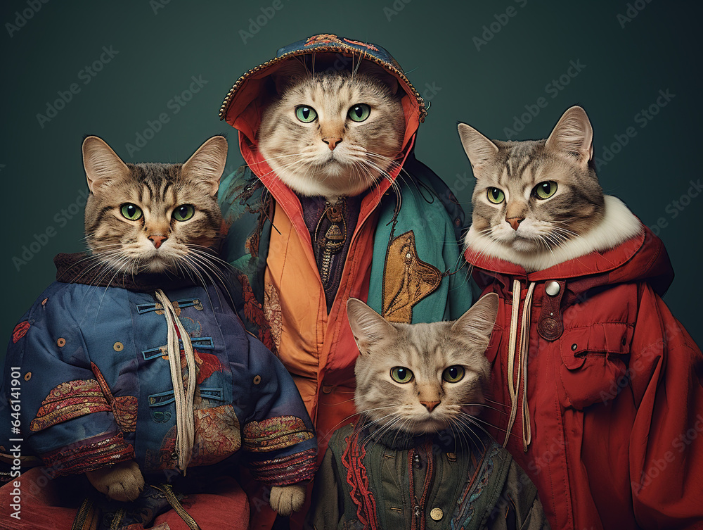 Portrait of a family of cats dressed as humans Stock Photo | Adobe Stock