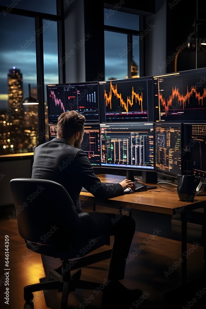 Professional trader investor set on desk and look at big trading charts ...