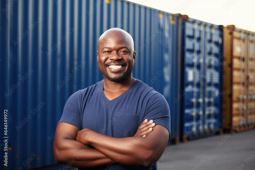 Man is standing in front of blue shipping container. This image can be ...