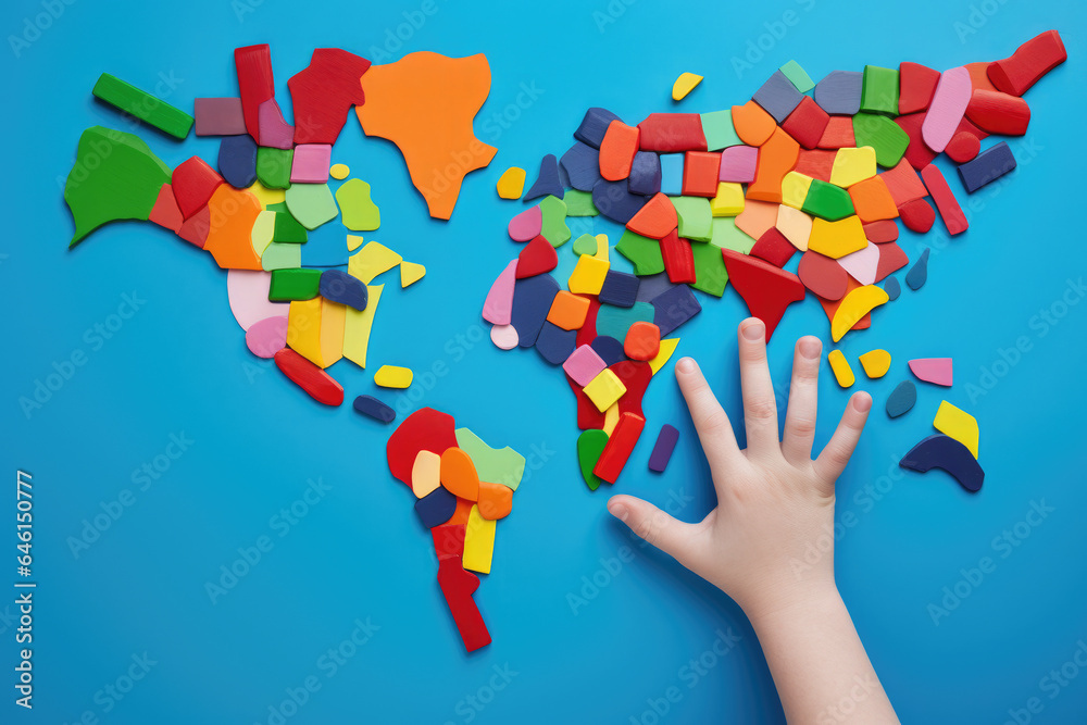 Picture of child's hand reaching for map of world. This image can be ...