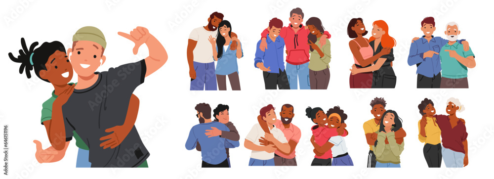 Set of Male and Female Characters Embrace, A Friendly Hug Communicates ...