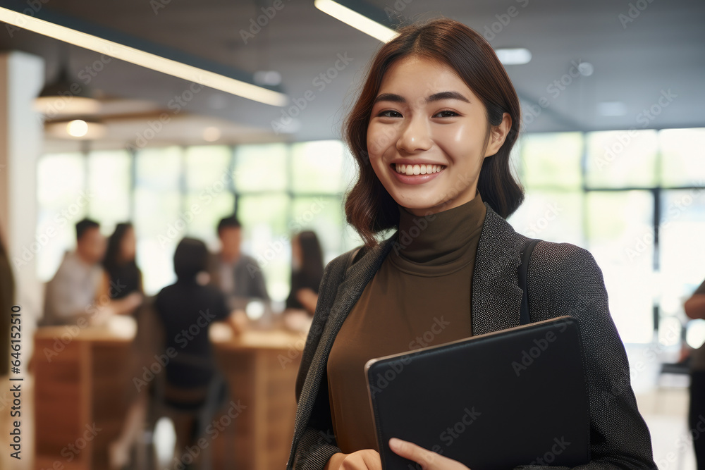 Woman in business suit confidently holds laptop, ready to tackle her work. This image can be ...
