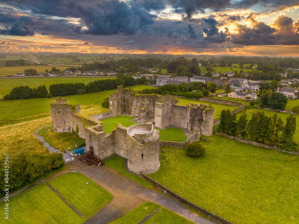 Aerial view of Roscommon castle in Ireland, Anglo Norman stronghold with quadrangular shape with ...
