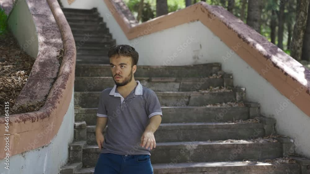 Vidéo Stock Frustrated dwarf young man walking in the park. Nervous and angry dwarf young man ...