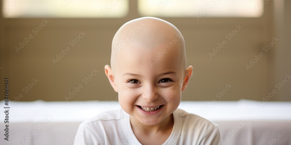 powerful snapshot of young boy sporting bald head. He smiles bravely at ...