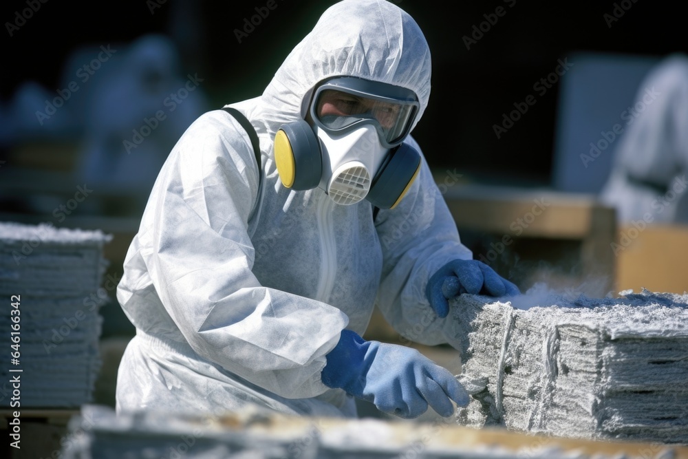 industrial worker handling asbestos without protective gear ...