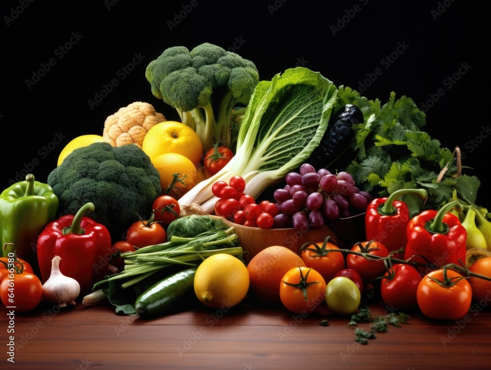 array of fresh fruits and vegetables piled high on table. The vibrant ...