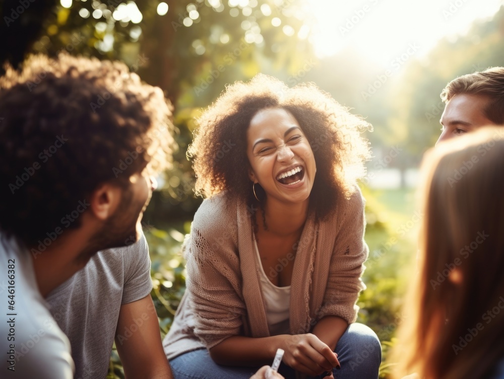 group of happy friends gathered in park, laughing and socializing. The ...