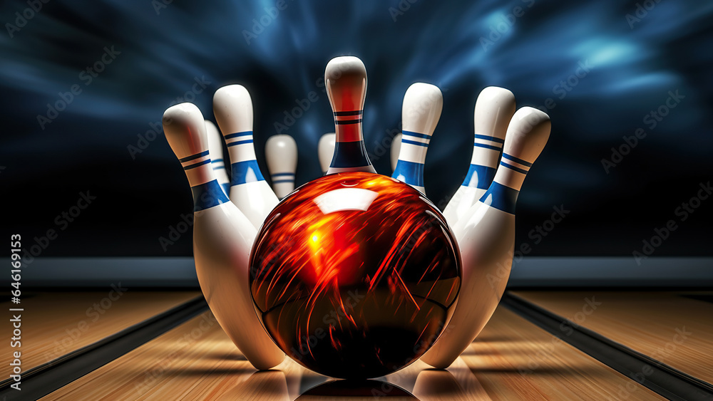Picture of bowling ball hitting pins scoring a strike. Bowling ...
