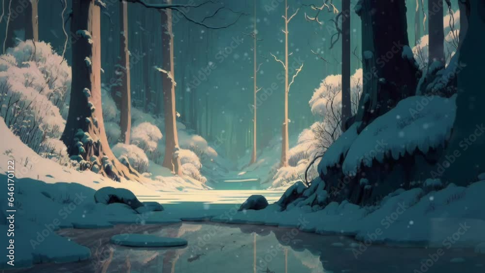 Cozy Anime Style Winter Forest with Rippling Pond and Falling Snow ...