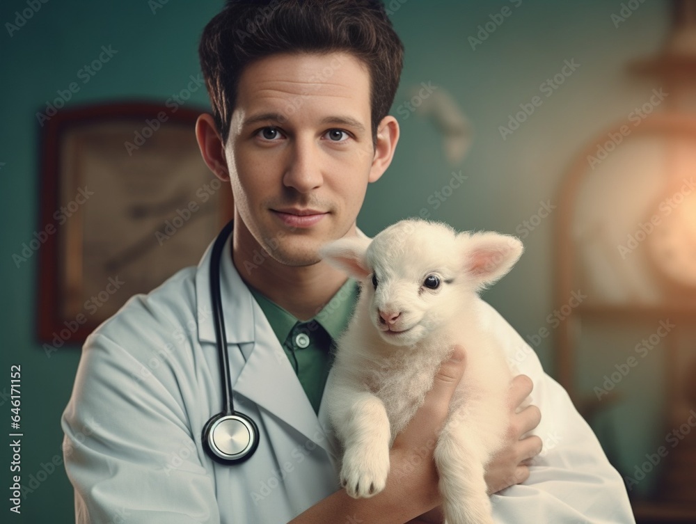 Veterinarian connected to animals. Curious little lamb jumping on ...