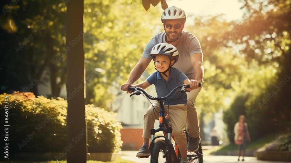 Learning, bicycle and proud dad teaching his young son to ride while ...