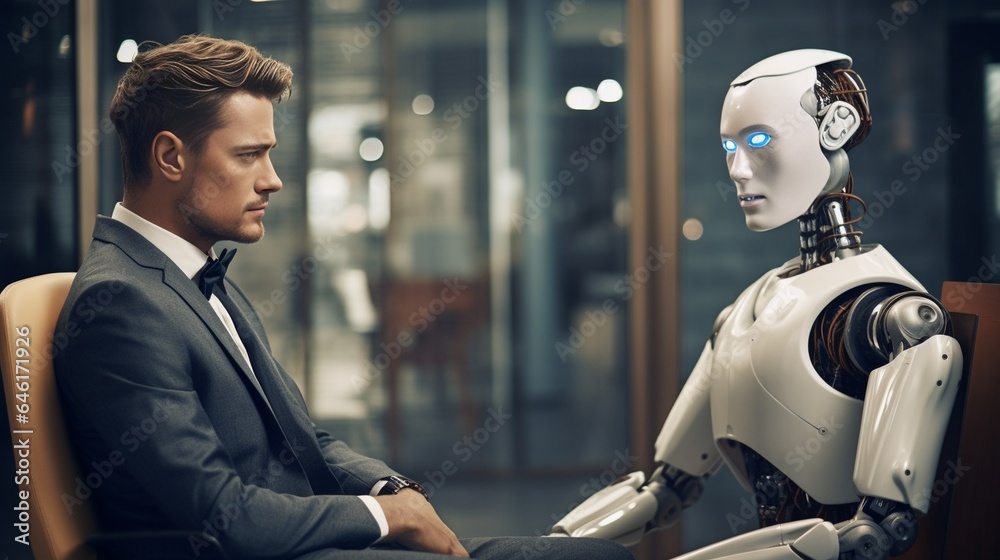 Man and AI robot waiting for a job interview: AI vs human competition : Generative AI Stock ...