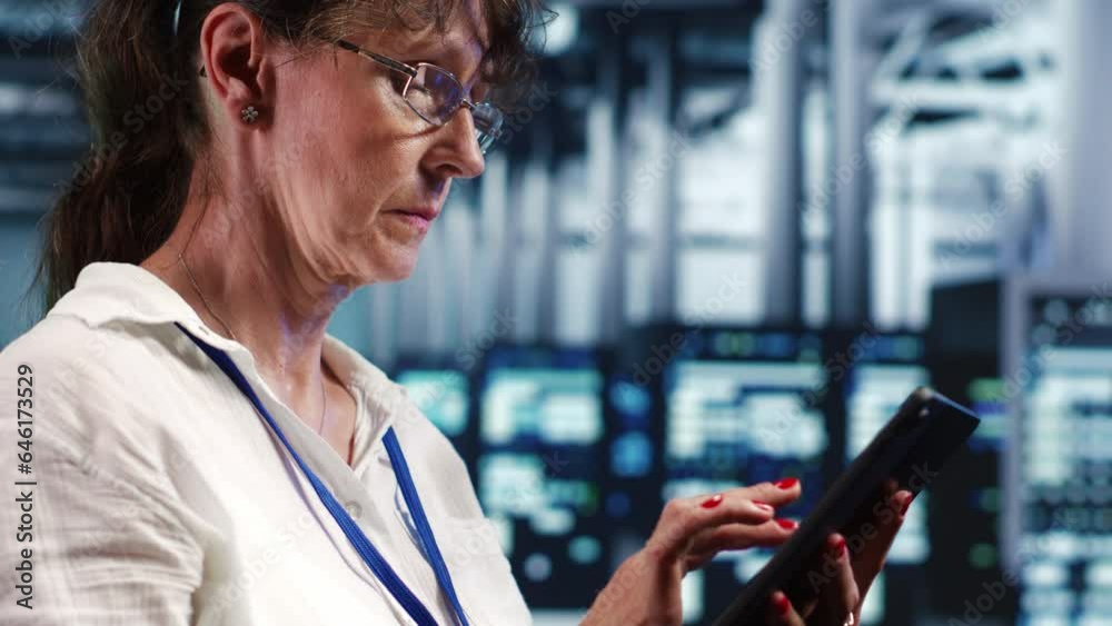 Older computer scientist working in data center housing GPU dedicated ...