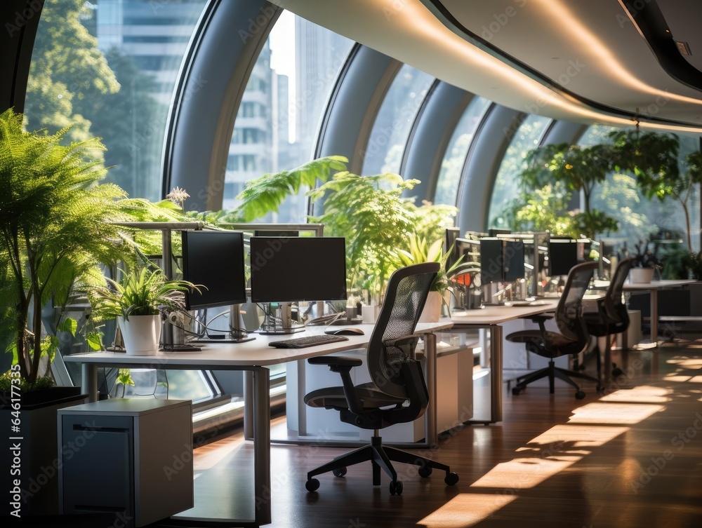 The camera captures a sleek and modern office space filled with ...