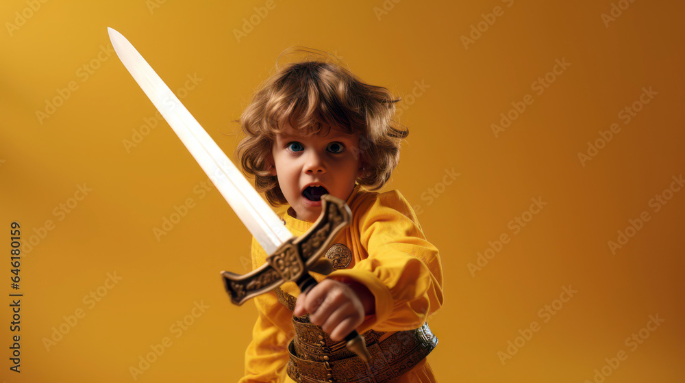 Child swinging a metallic toy sword on the solid yellow background ...