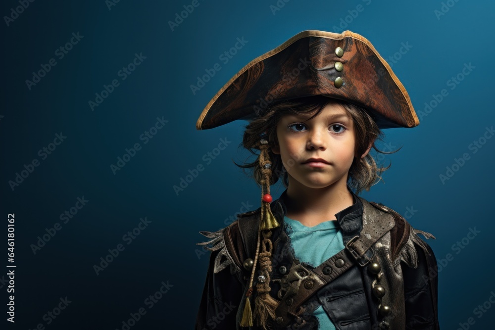Concentrated child wearing a pirate hat on a solid sea blue background ...
