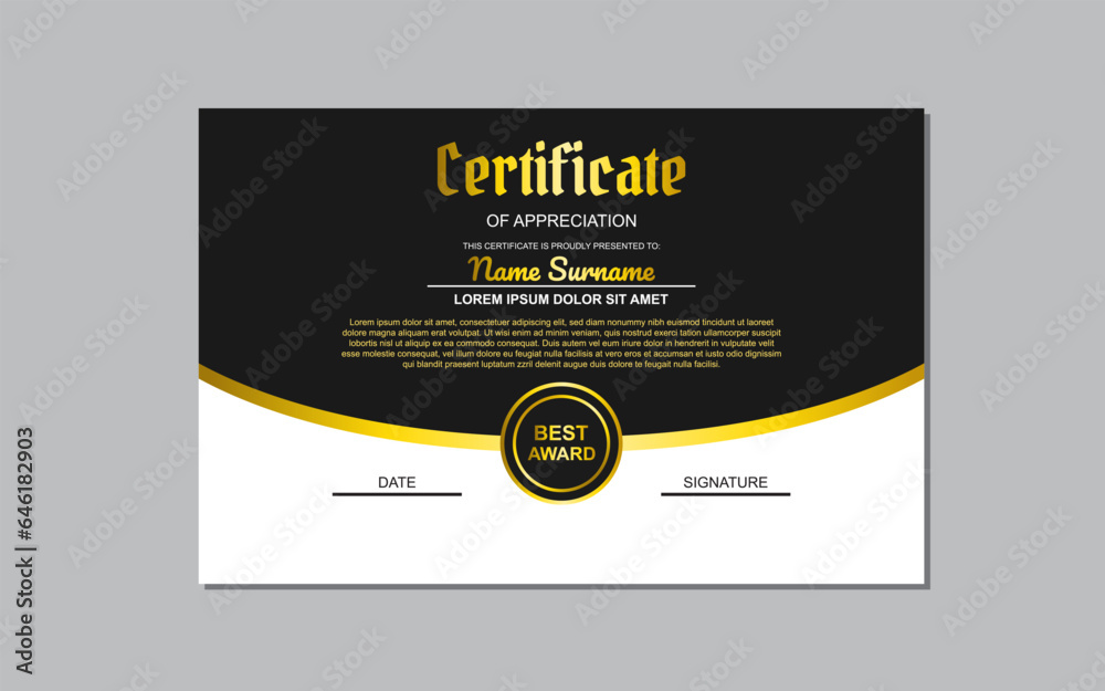 black and gold certificate template design for appreciation. luxury ...