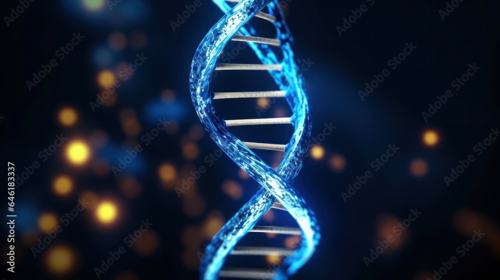 DNA gene helix spiral 3D loop, chromosome molecule cell of blue light ...