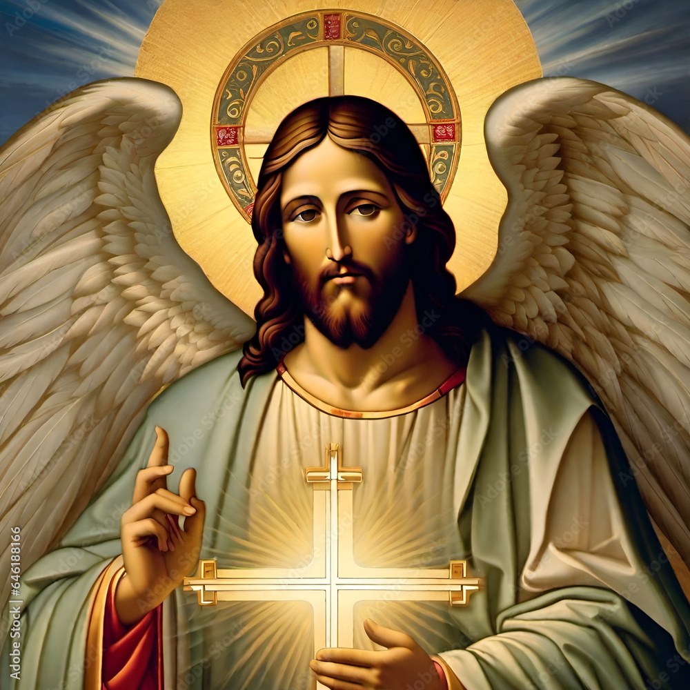 Jesus and His angels with cross showing religious values and heavenly ...