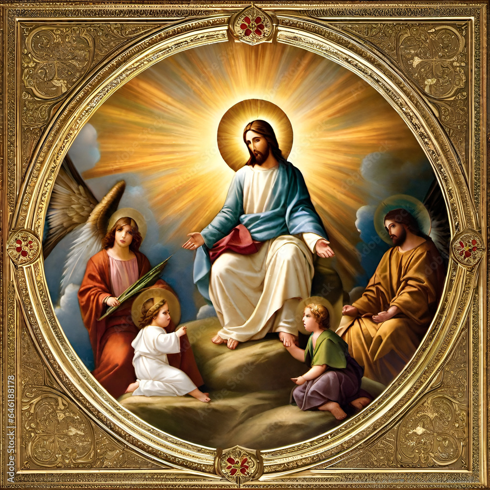 Jesus and His angels with cross showing religious values and heavenly ...