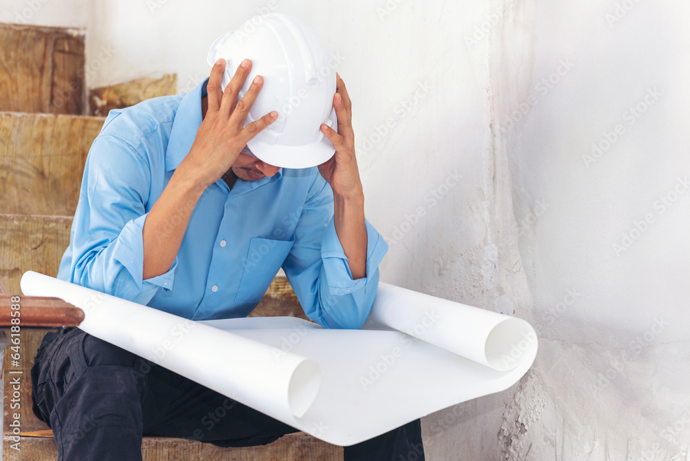 Asian young engineer man stress and failure in architecture project ...