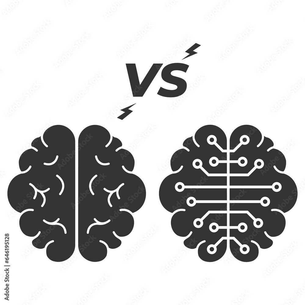 Vector illustration of human brain vs robot brain icon in dark color ...