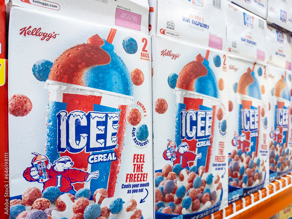 Sept 3, 2023: Kelloggs Icee Cereal boxes for sale at a supermarket ...