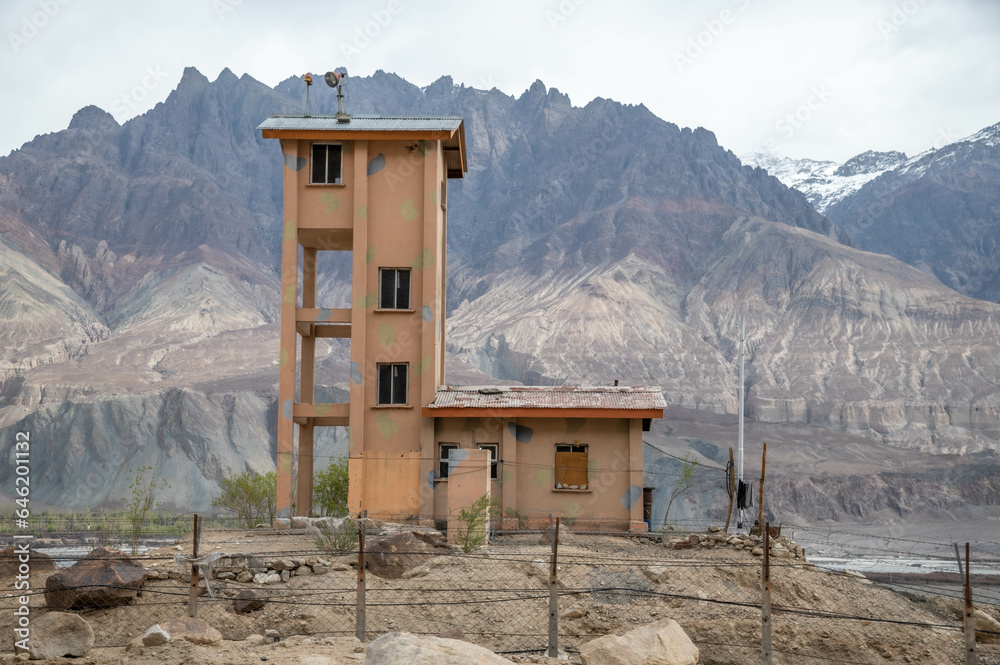 Watch tower in the valley in the northern region of Leh Ladakh in India ...