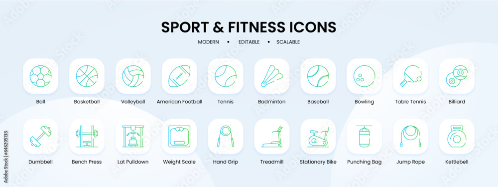 Sport and fitness icon collection with blue and green gradient outline ...