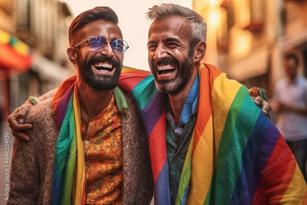 Gay couple. Affection moment of gay couple in gay pride parade. Male ... Gay couple. Affection moment of gay couple in gay pride parade. Male ...