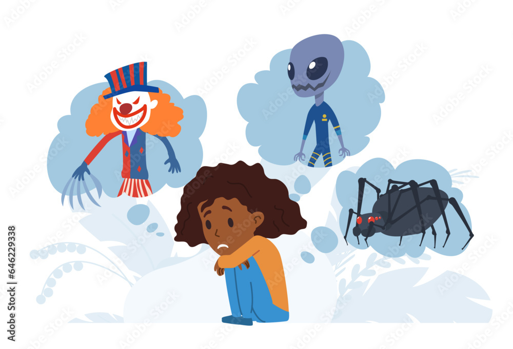 Vector illustrations of little frightened dark skinned girl with curly ...