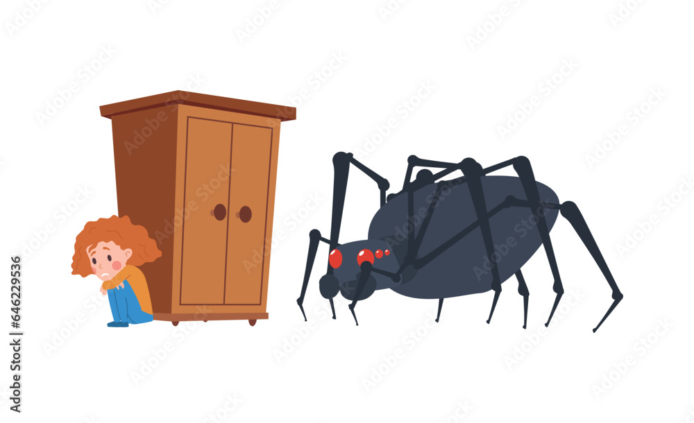 Vector illustration of little girl with orange curly hair hid behind a ...