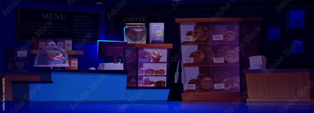 Night bakery counter in cafe store interior vector background. Modern ...
