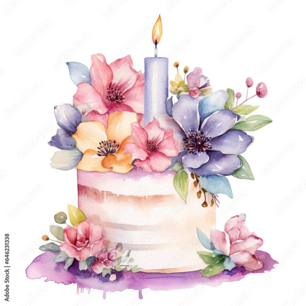Birthday cake watercolor clipart on transparent background. Generative ...