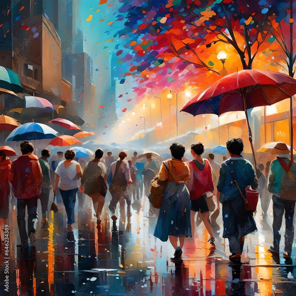 A scene where vibrant hues rain down from the sky, painting the world ...