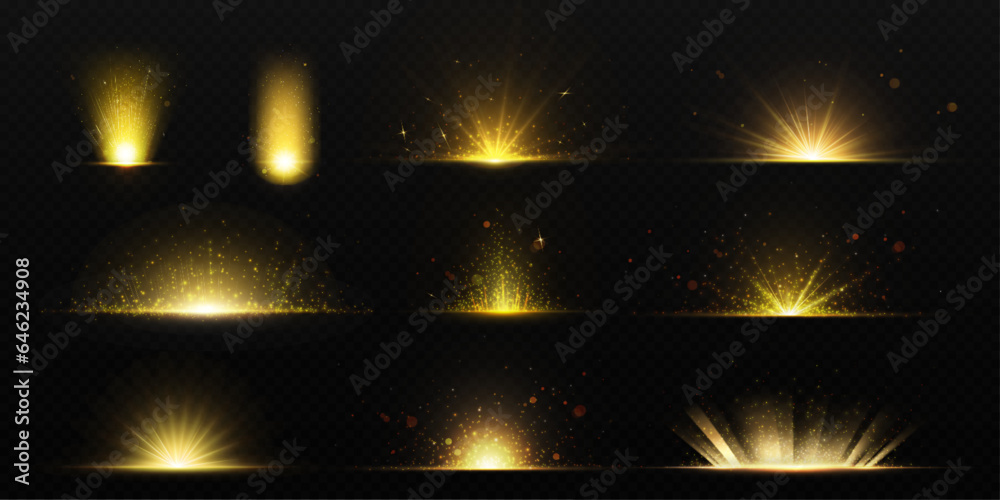 Set of golden light flash effects isolated on transparent background ...