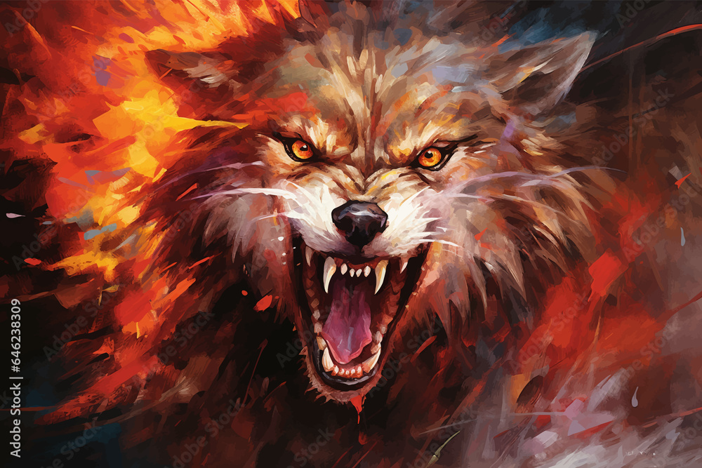 Angry Wolf howling in fire with flames and flames. Roaring wolf. Wolf ...