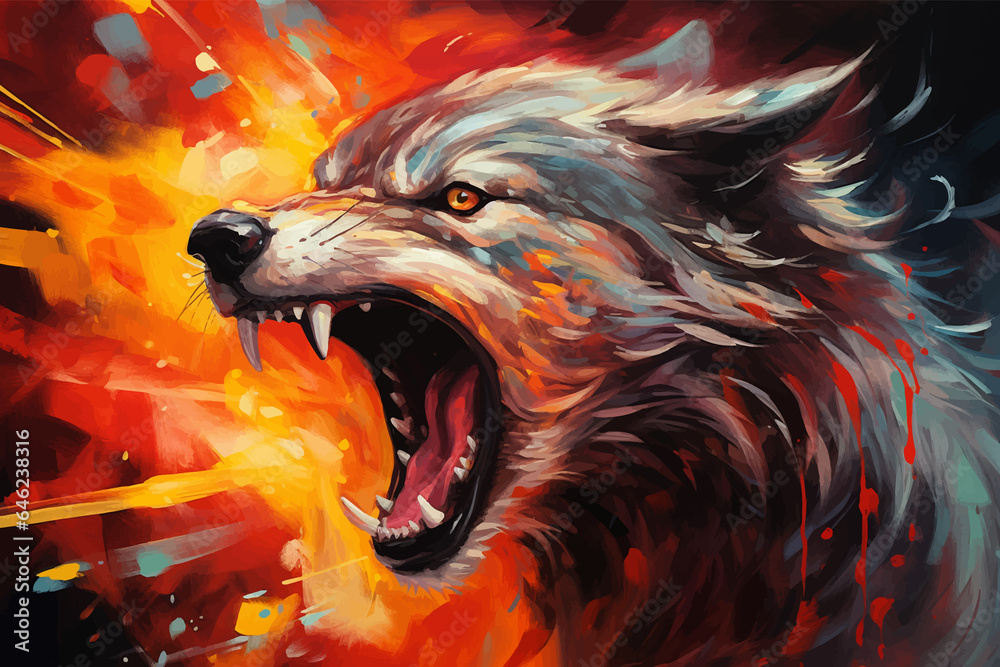 Angry Wolf howling in fire with flames and flames. Roaring wolf. Wolf ...