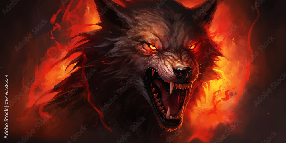 Angry Wolf howling in fire with flames and flames. Roaring wolf. Wolf ...